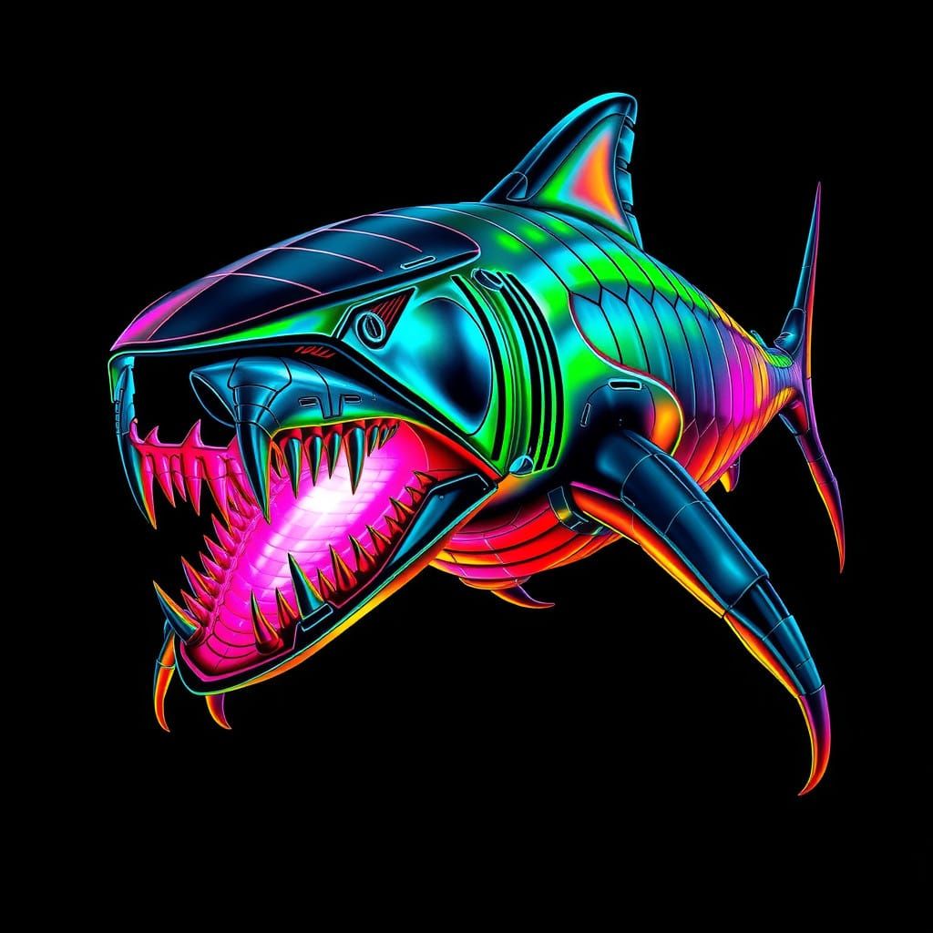 Bioluminescent Alien Shark Creature in Neon Armor - AI Art