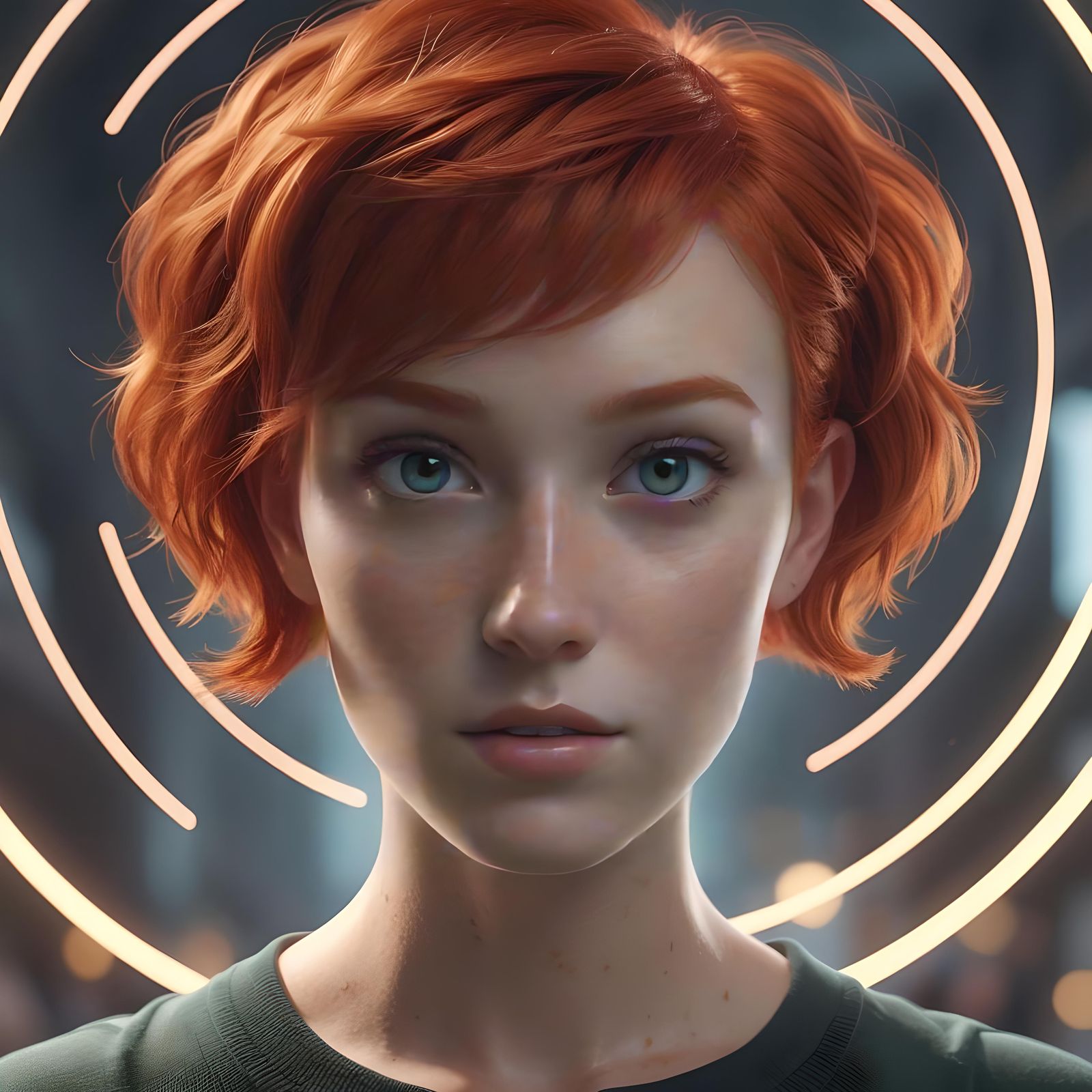 Hyperdetailed 8K action portrait of redhead girl with a pixie cut being ...