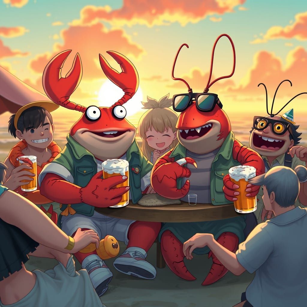 Crustacean Party in Vibrant Anime Style - AI Art