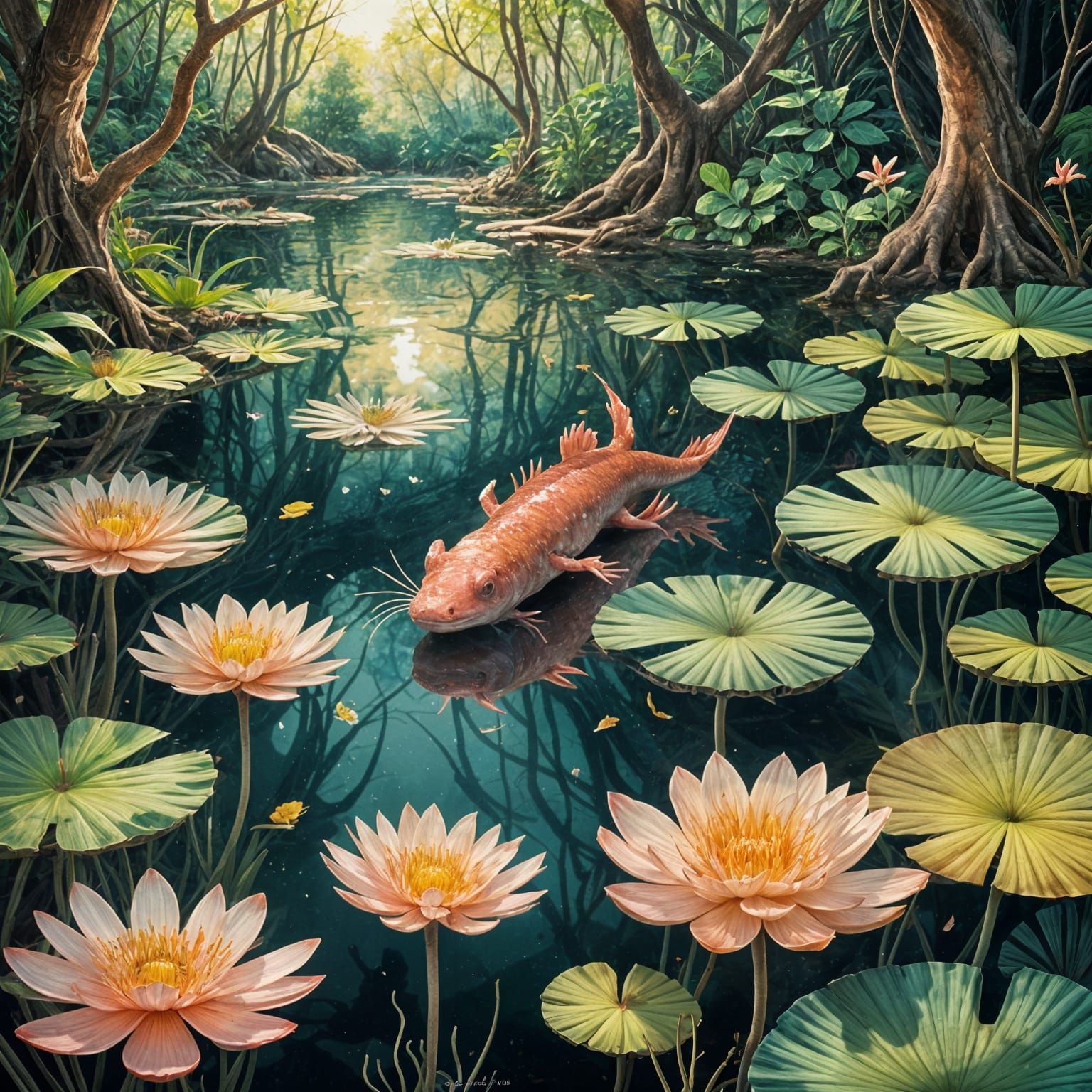 Axolotl and flowers - Axolotl in Vibrant Muddy Waters