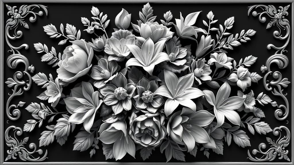 //DRAW High-contrast 3D grayscale relief of an intricately detailed ...