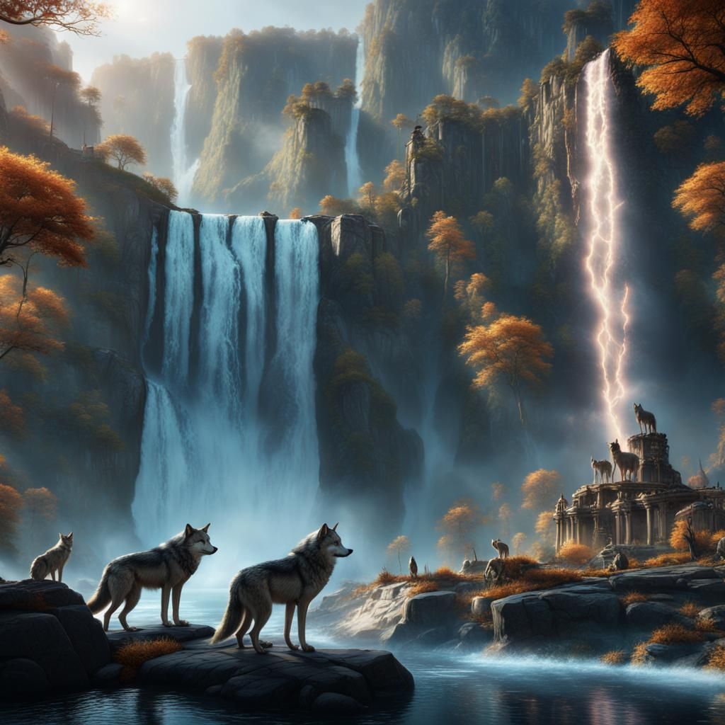 beautiful wolves and a large beautiful waterfall - AI Generated Artwork ...