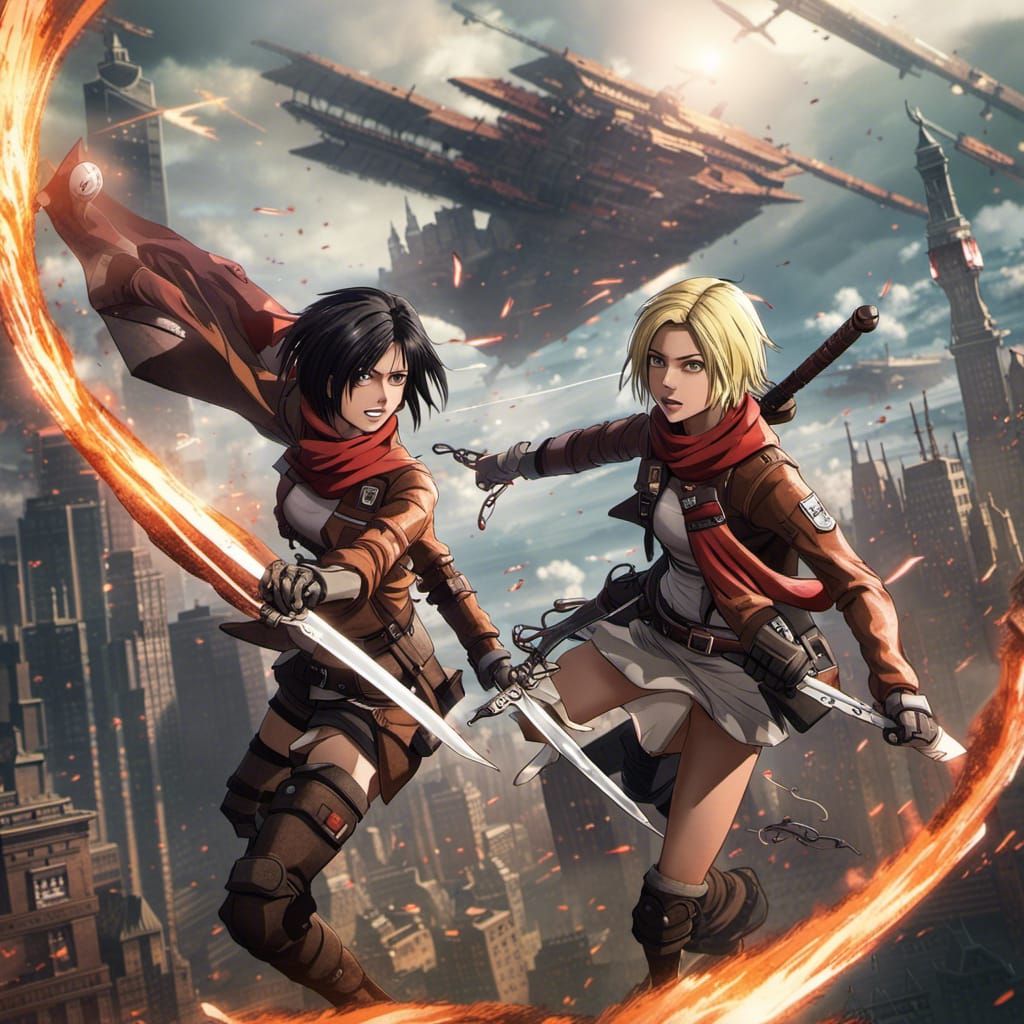 Annie Leonhart and mikasa ackerman flying odm gear with swords - AI ...