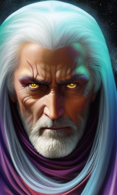 A head and shoulder portrait painting of Raistlin Majere, a frail yet ...