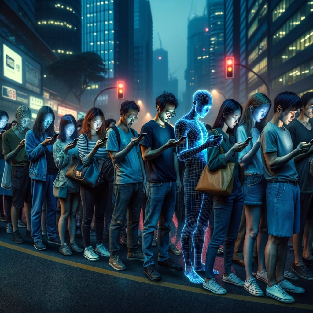 Dystopian Crowd Absorbed in Glowing Screens - AI Art