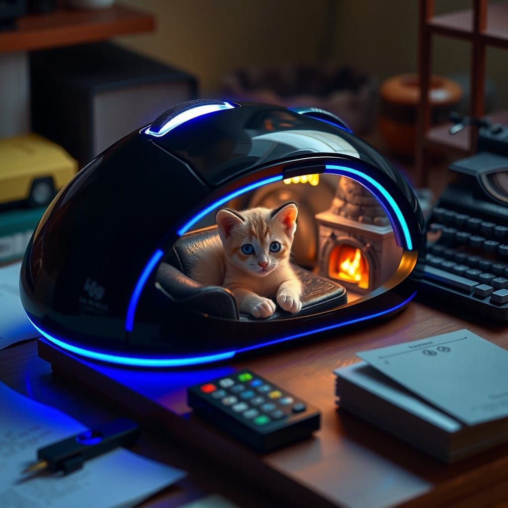 A shiny, black, modern computer mouse with pulsing blue LED accents and ...