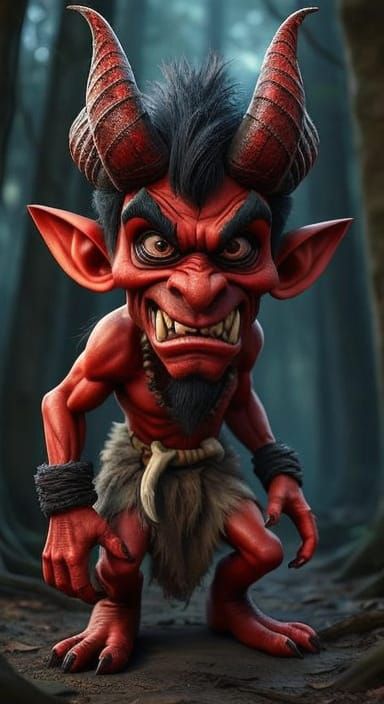 Red Demon Caricature in Dark Forest, 3D Render - AI Art