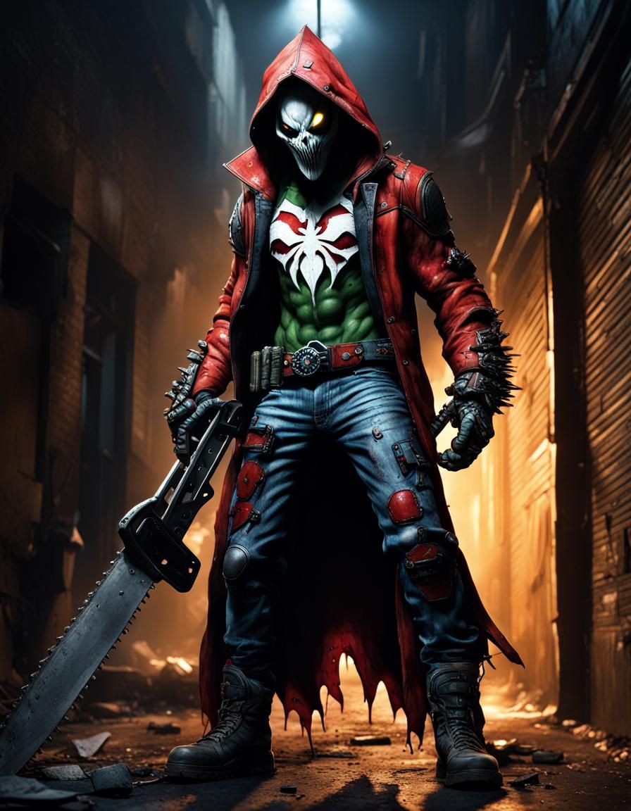 Spawn IS holding a chainsaw in a dark alley, ultrarealistic ...