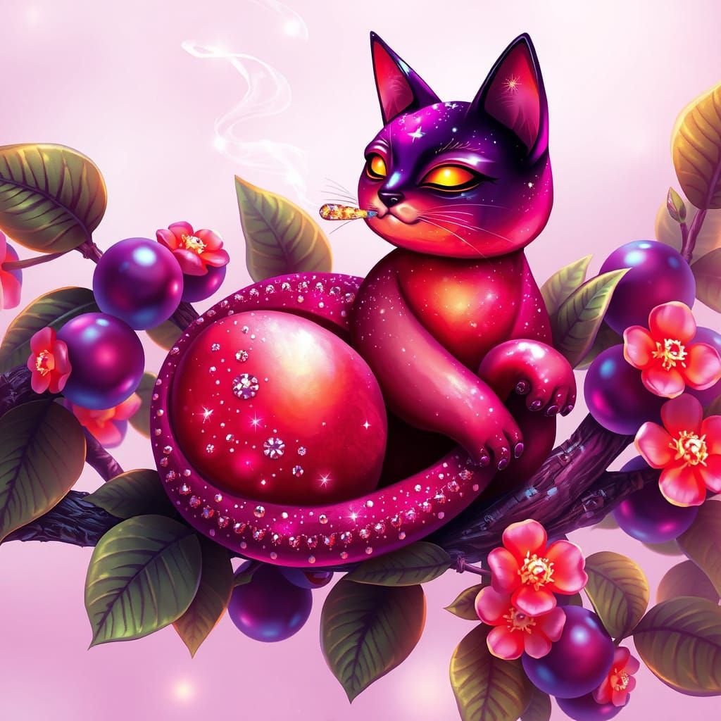 Plum Mad - Enchanted Plum Cat in Whimsical Digital Art