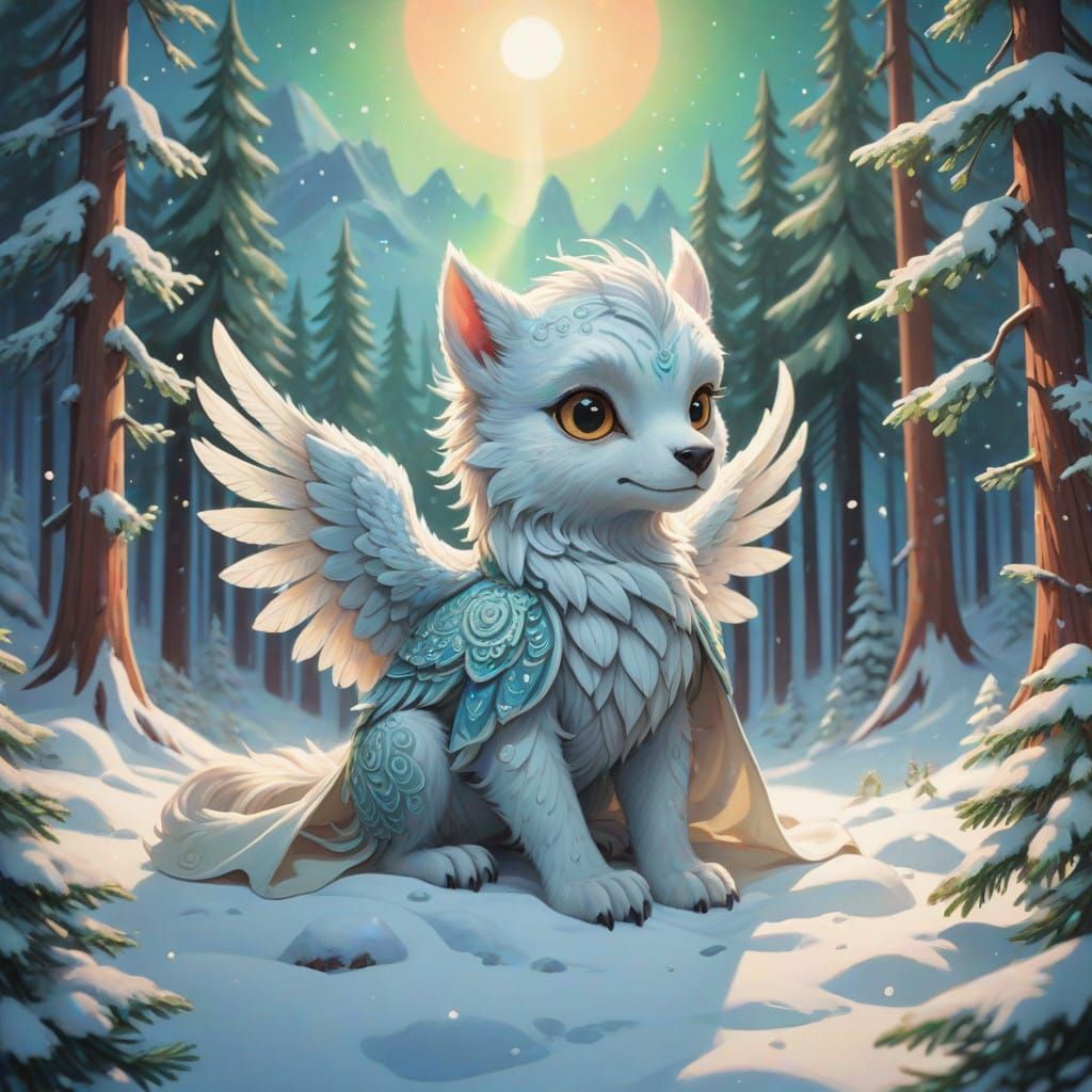 Cute Griffin Baby Under the Northern Lights in Snowy Landscape