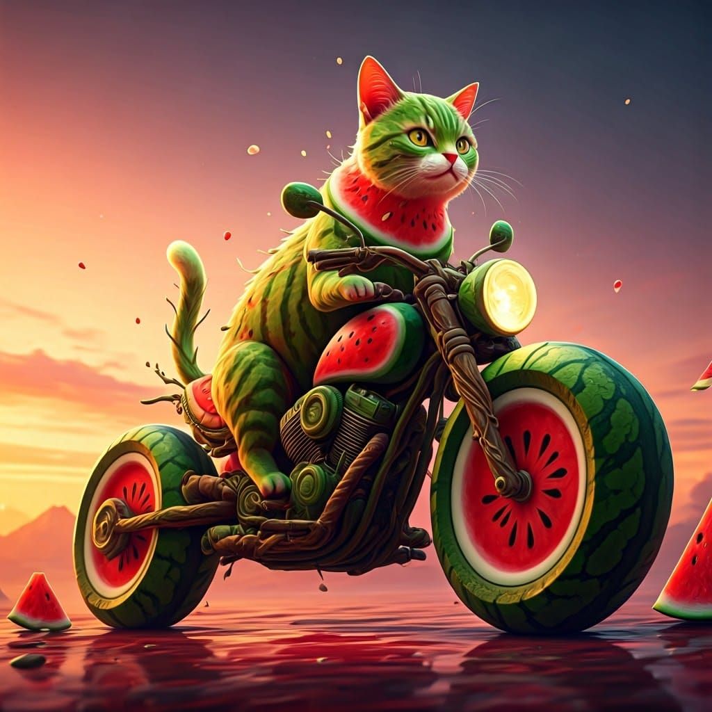 Vibrant Watermelon Cat Rides Curved Motorcycle in ... - AI Art