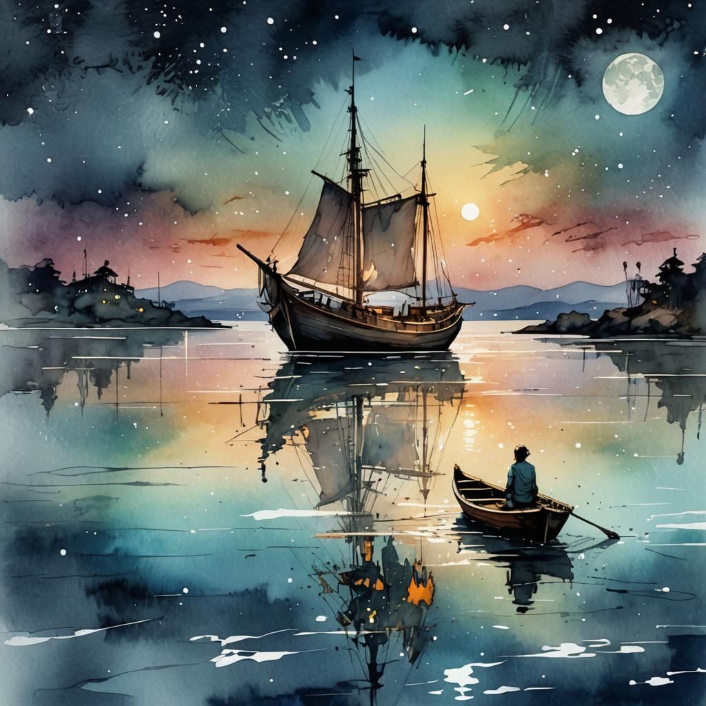 Beautiful boat on sparkling moonlit waters. Nighttime Digital ...