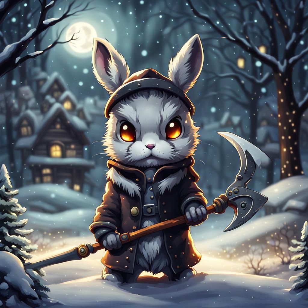 An undead chibi rabbit with glowing eyes, holding a scythe, in a winter ...