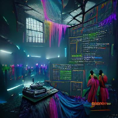 code dj programming rave algorithm warehouse algorave beats nightclub, detailed matte painting ...
