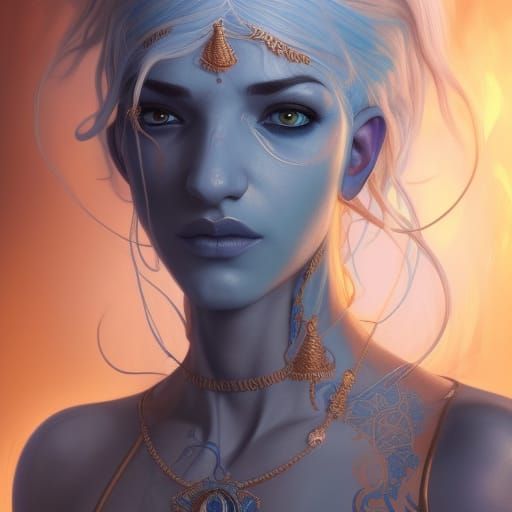 tanish-blue skinned djinn woman with white hair. djinn tattoos. monk ...