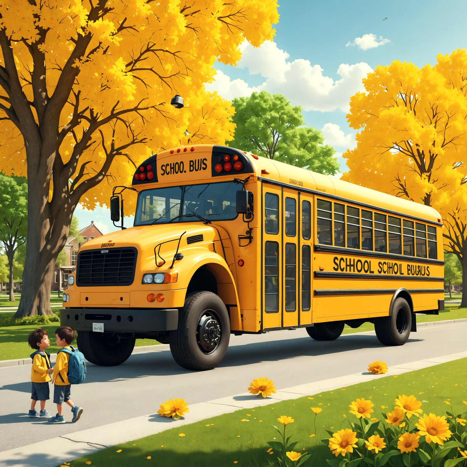 A Big Yellow School Bus Picks Up Kids for Elementa... - AI Art