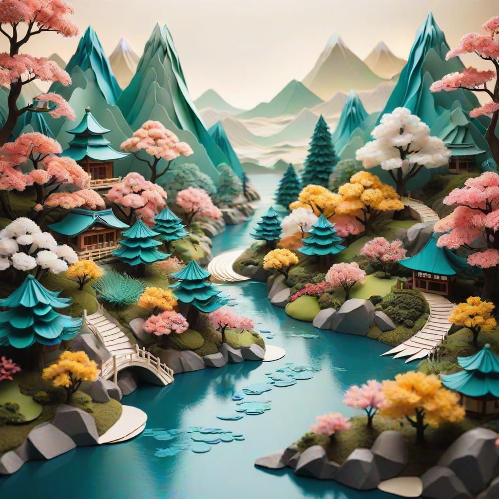papercraft landscape with inky river and paper islands