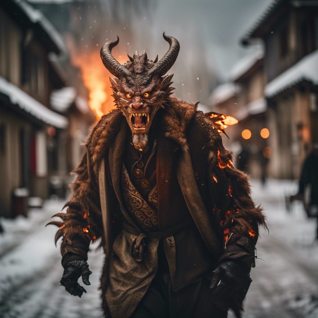 A dragon-man walking in a snowy village. The dragon-man is angry. The ...