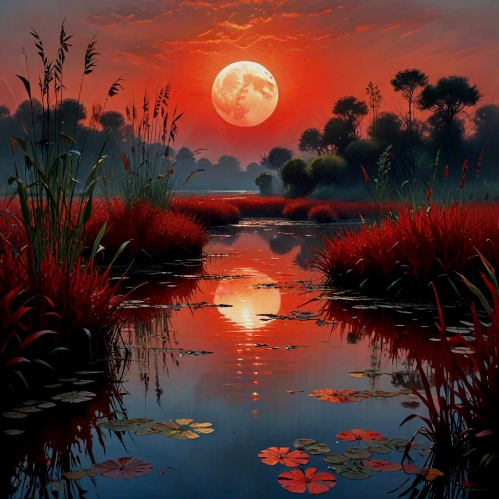 A serene Asiatic wetland scene dominated by towering high reeds that ...