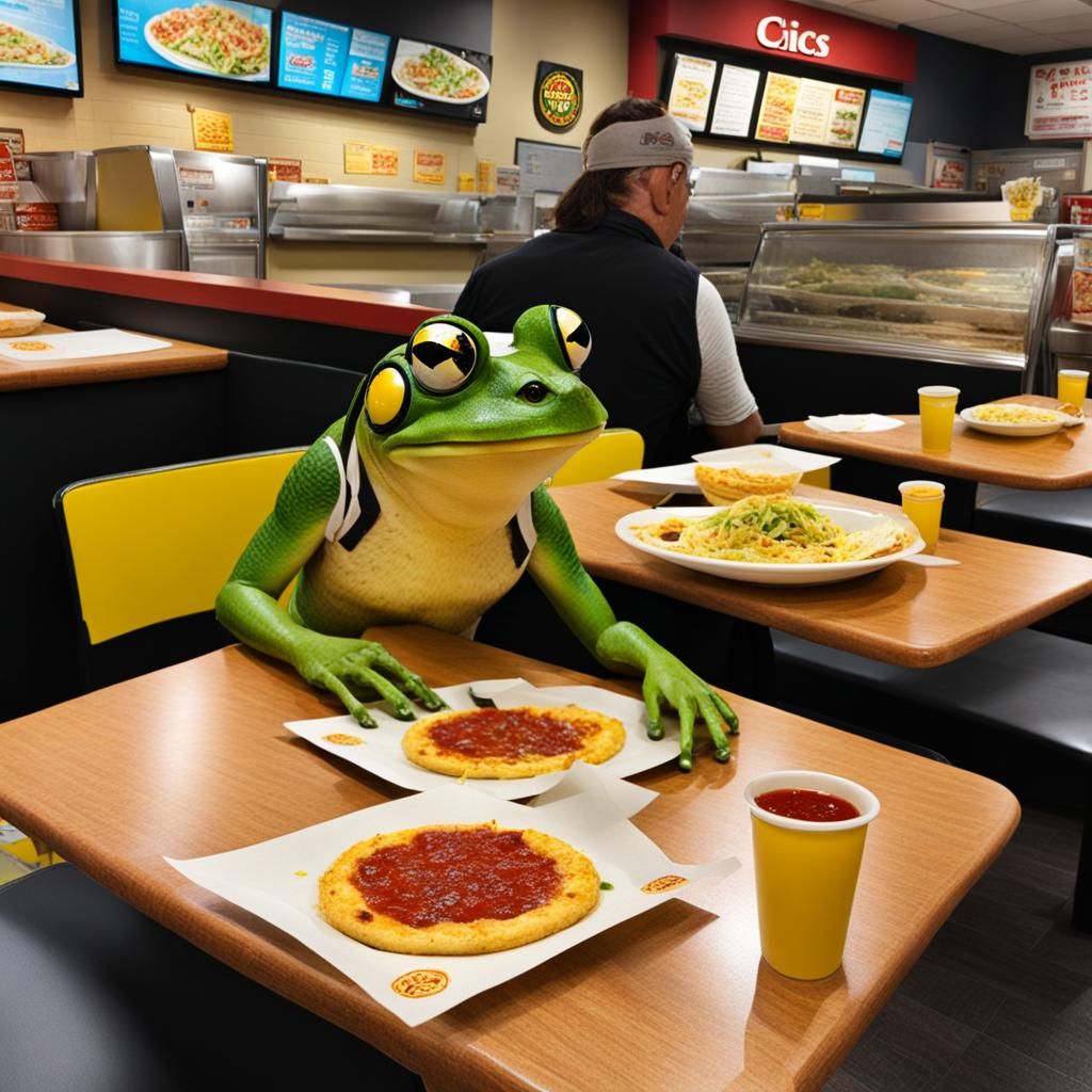 Miss Frog eating at Cicis - AI Generated Artwork - NightCafe Creator