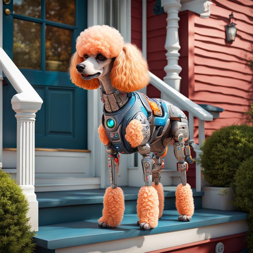adorable cyborg poodle on a suburban front porch, both organic and ...