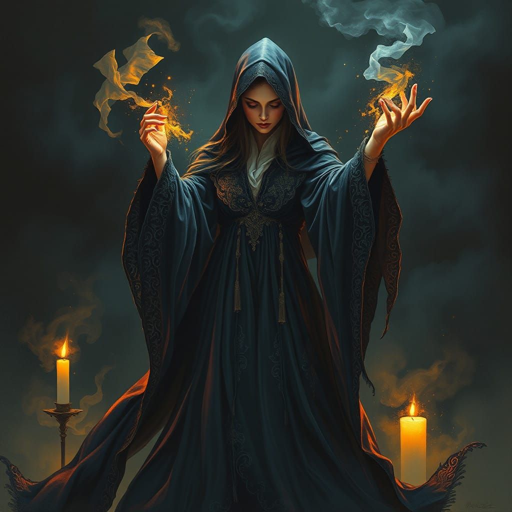 Sorceress in Dark Robe Weaves Arcane Spell in Cand... - AI Art
