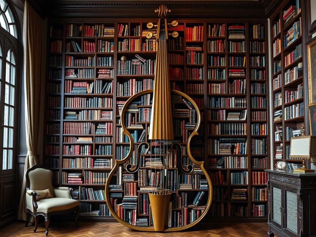 Surreal Grand Cello Bookcase in a Luxurious Mansio... - AI Art