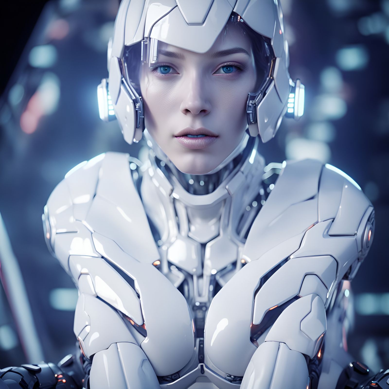 waist-up face portrait of in cybernetic armor, face visible, android ...