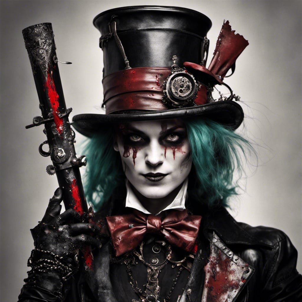 goth, steampunk evil female mad hatter with bloodied katana - AI ...