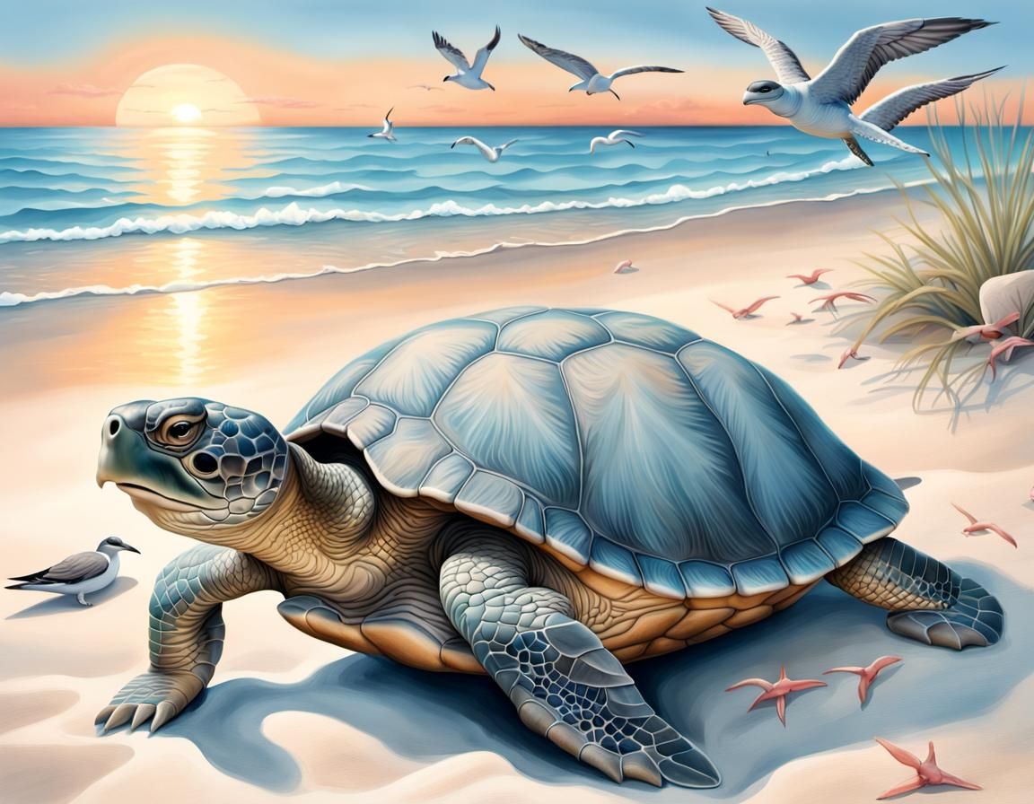 A detailed, photorealistic illustration of a turtle, relaxing on the ...