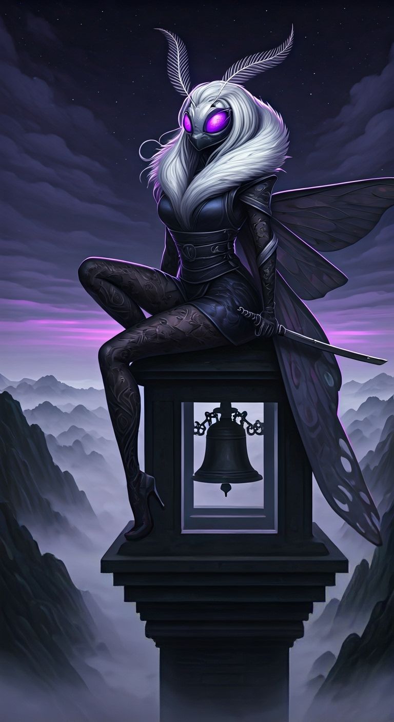 Bipedal anthro moth-woman, hourglass figure, flowing silver hair ...