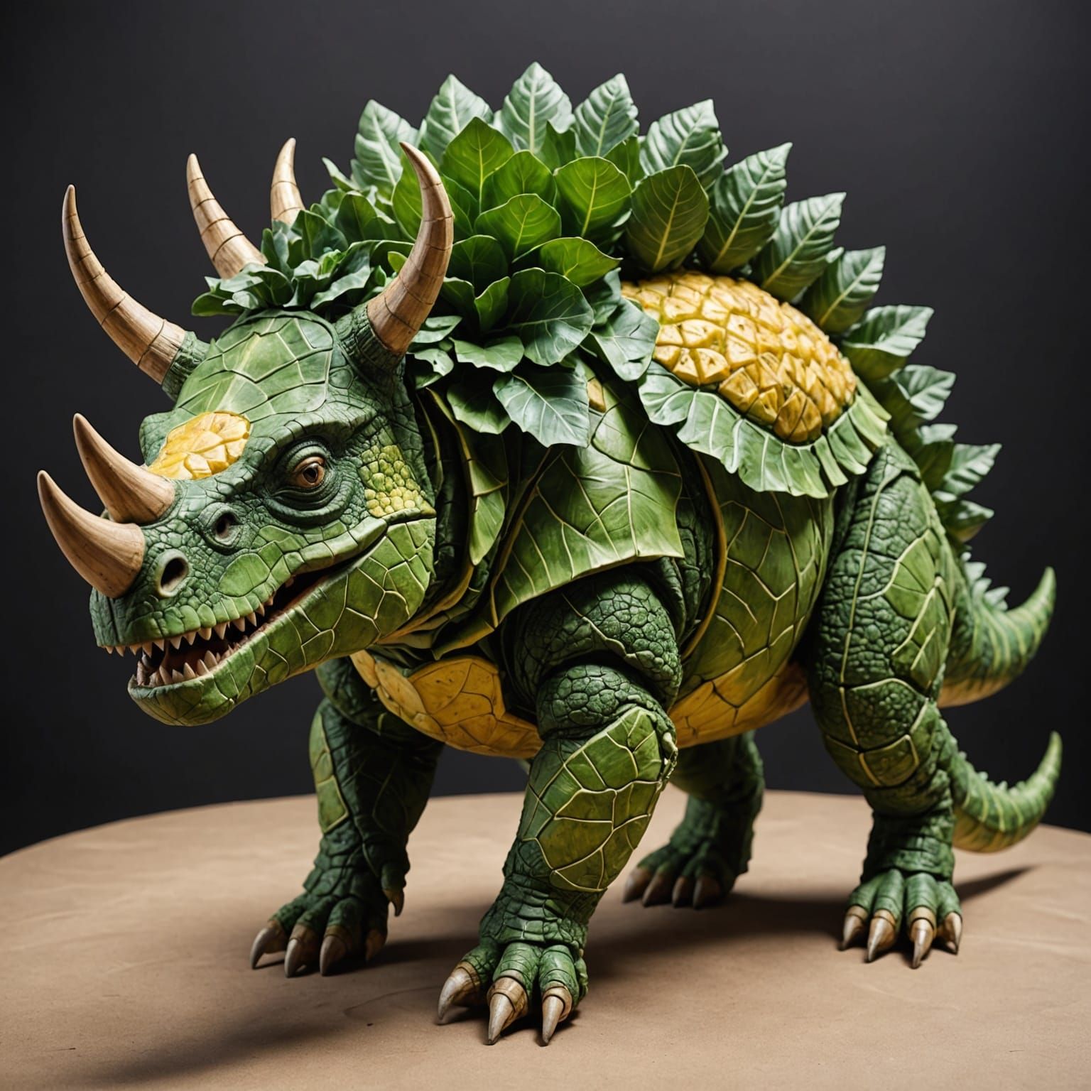 A dinosaur sculpted with pineapple skins and cabbage leaves. It's a Triceratops.