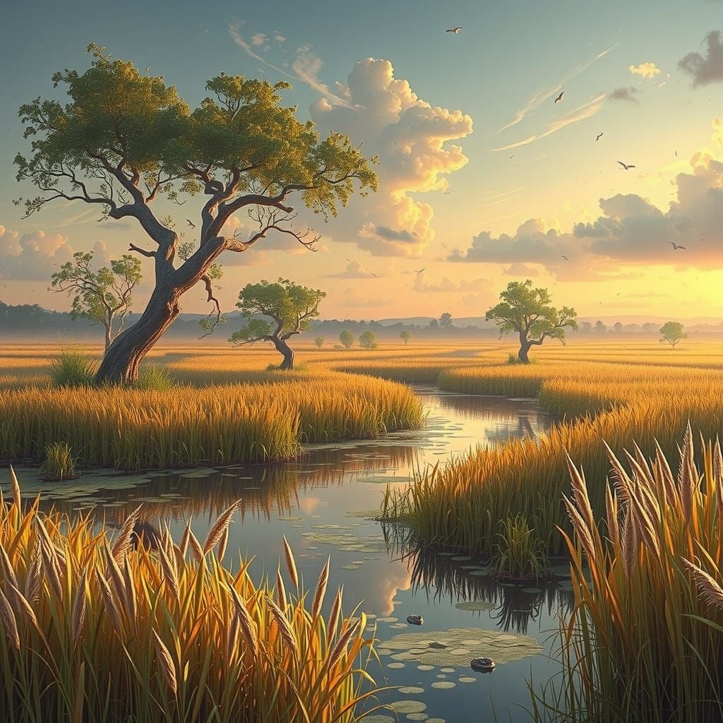 A realistic wetland landscape at dawn, with warm golden light casting a ...