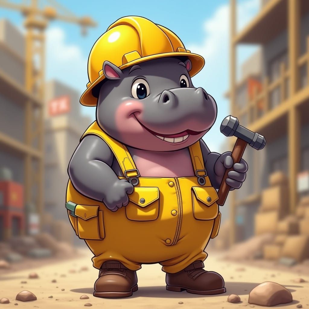 Chubby Hippo Builder in Vibrant Studio Trigger Sty... - AI Art