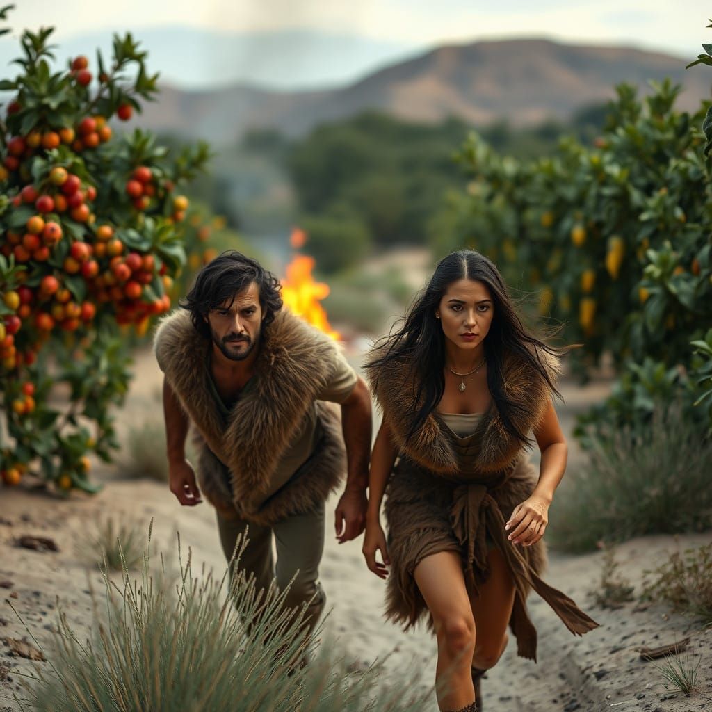 Adam and Eve flee Eden after sinning.