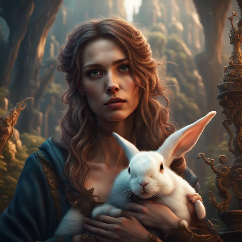 beautiful woman with her pet rabbit fantasy - AI Generated Artwork ...