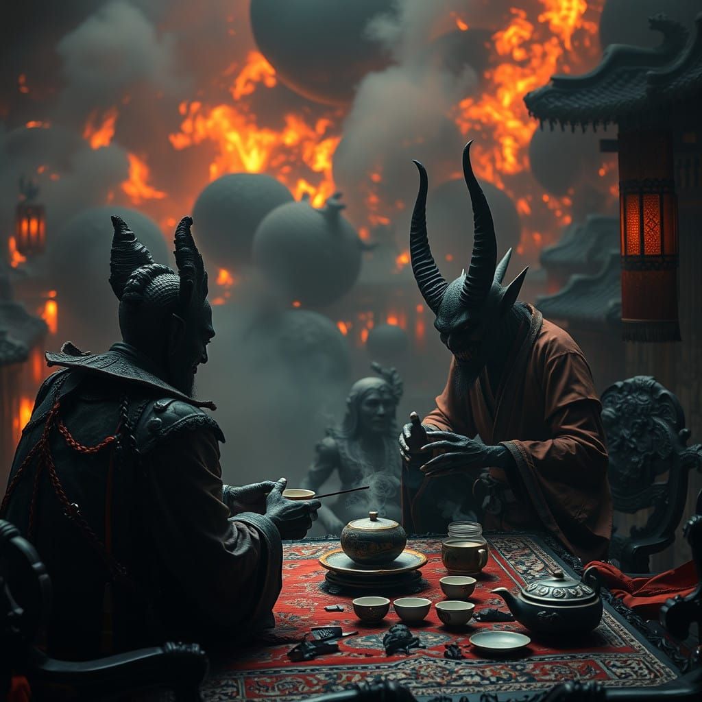 Demon Sips Chinese Tea Amidst Hellish Chaos - AI Art