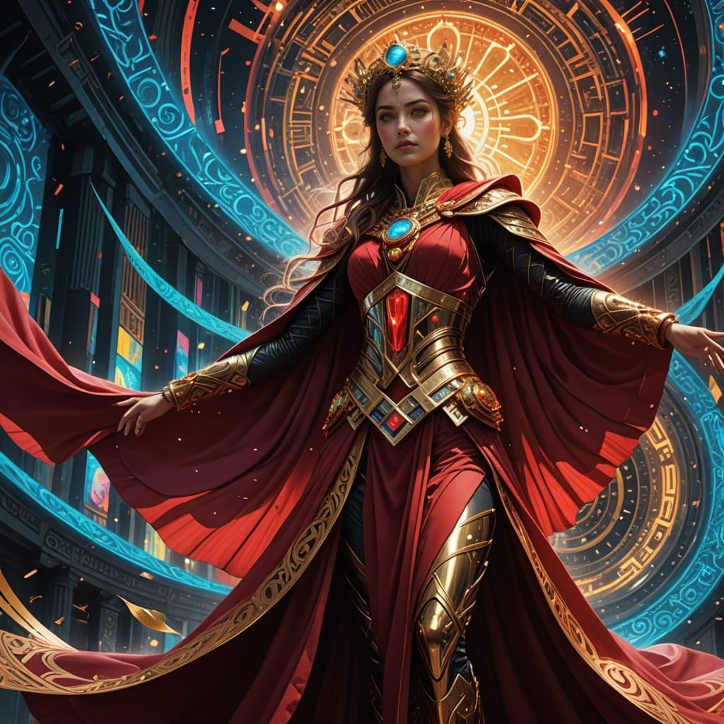 Cosmic Goddess, - Ethereal Goddess in Crimson Robes with Fut...