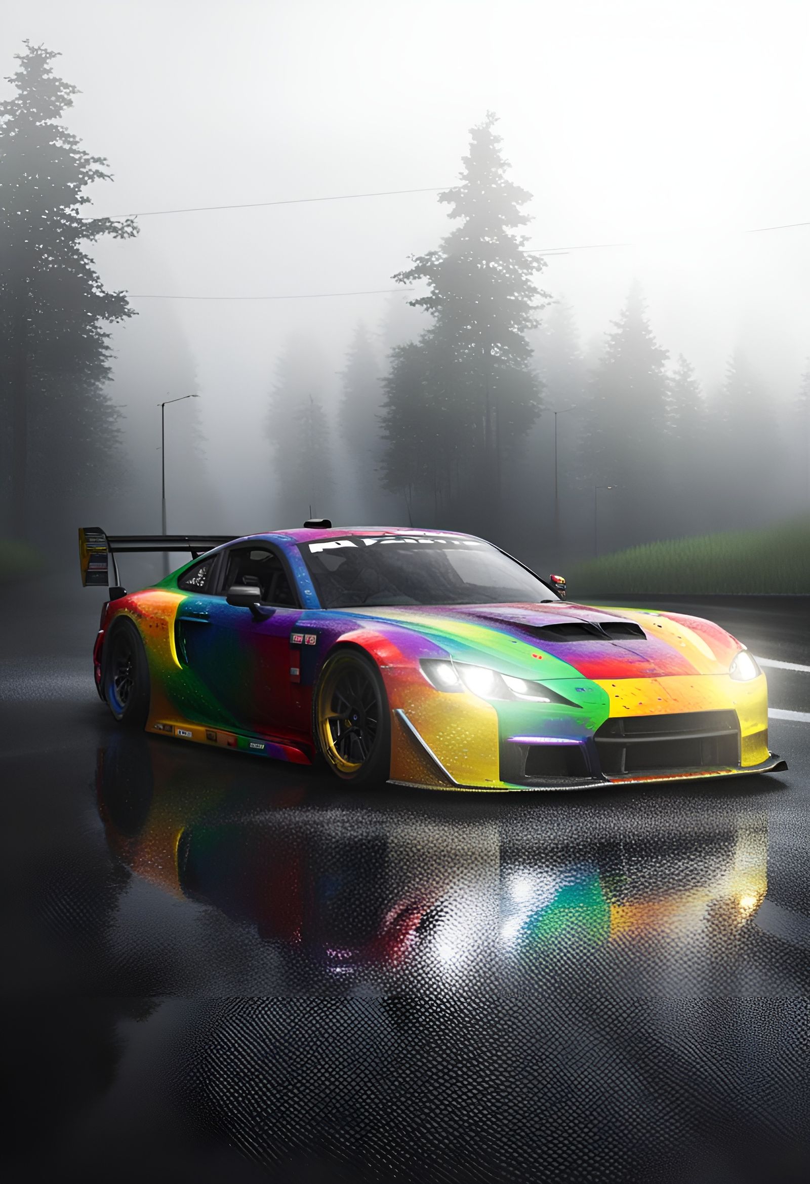Rainbow race car in a rainy day - AI Generated Artwork - NightCafe Creator