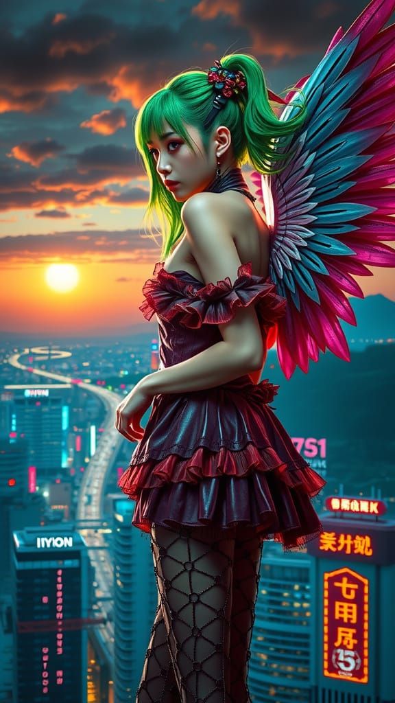 Cyberpunk Angel Fashion Portrait in Neon Cityscape - AI Art