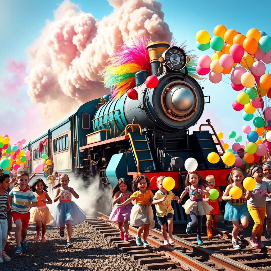 Joyful clown-themed train with children and balloons. Large train ...