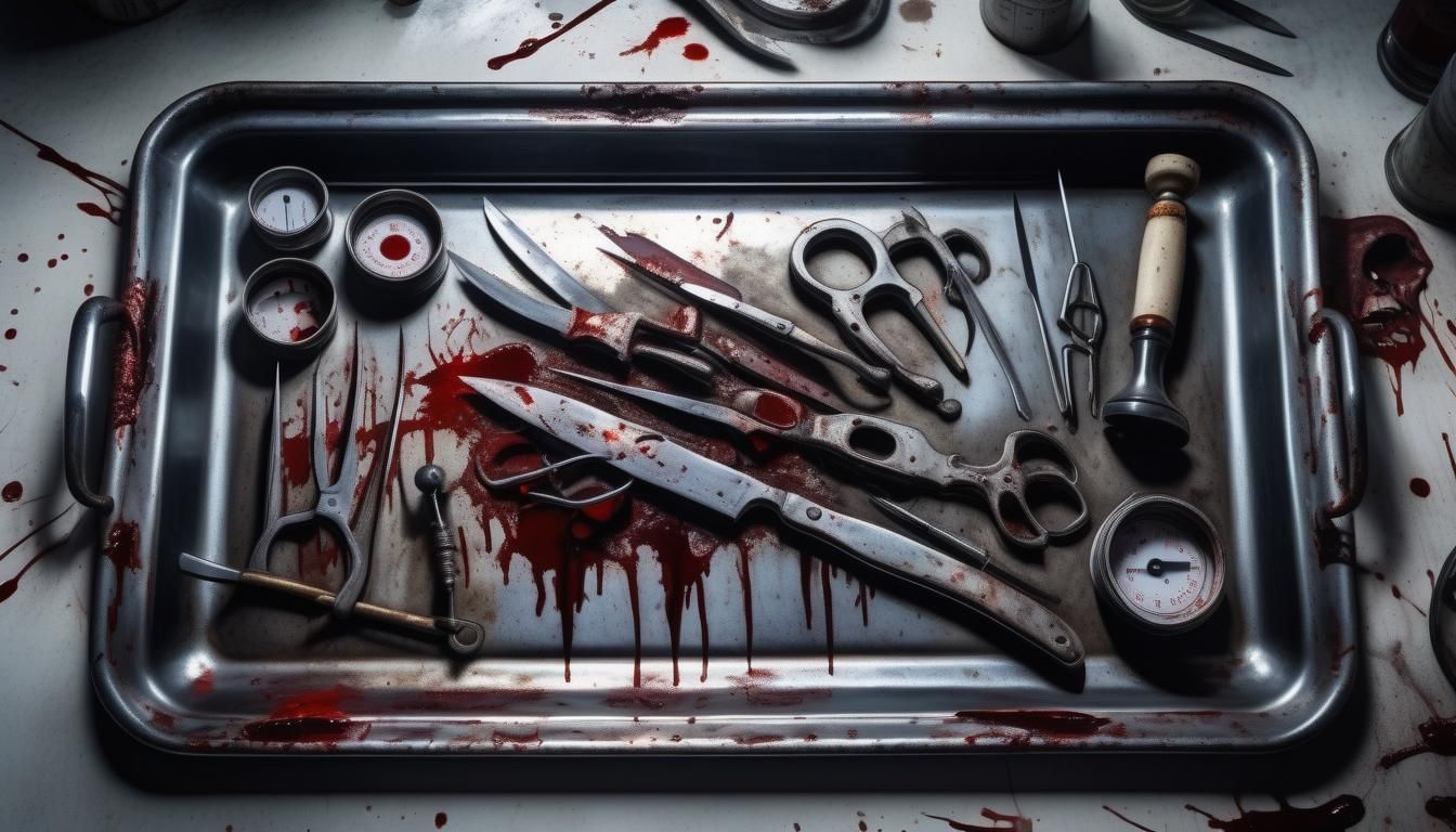 Close-up of a metal surgical tray with instruments of torture, scalpel ...