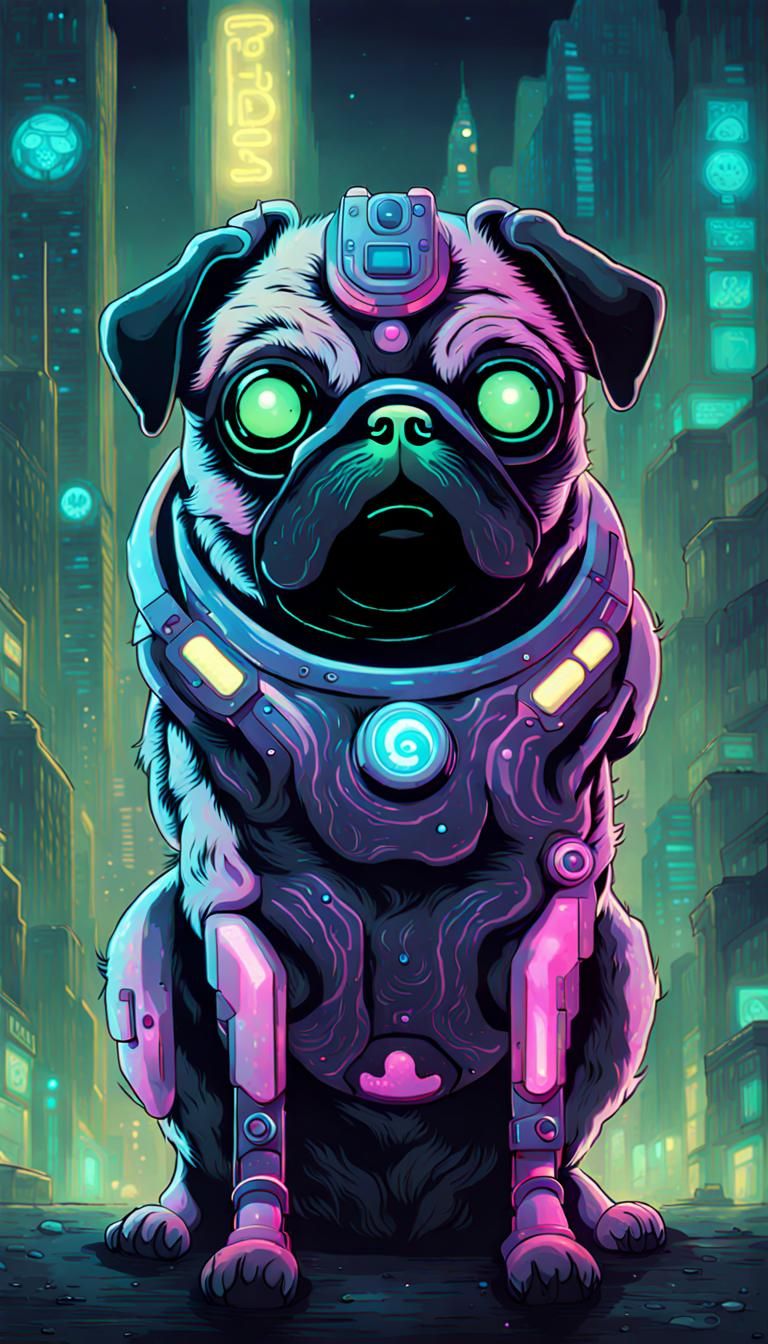 Bioluminescence pug in the cyberpunk world - AI Generated Artwork ...