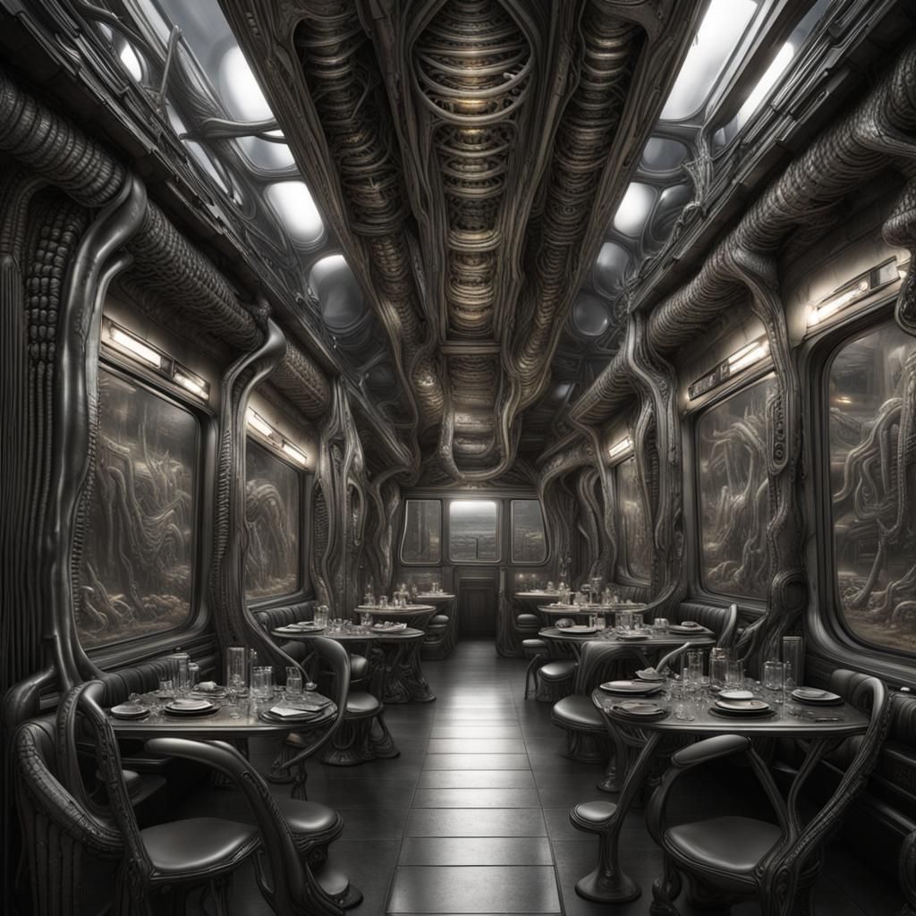 16k resolution, art by H.R. Giger, bio-mechanical food truck, alien ...