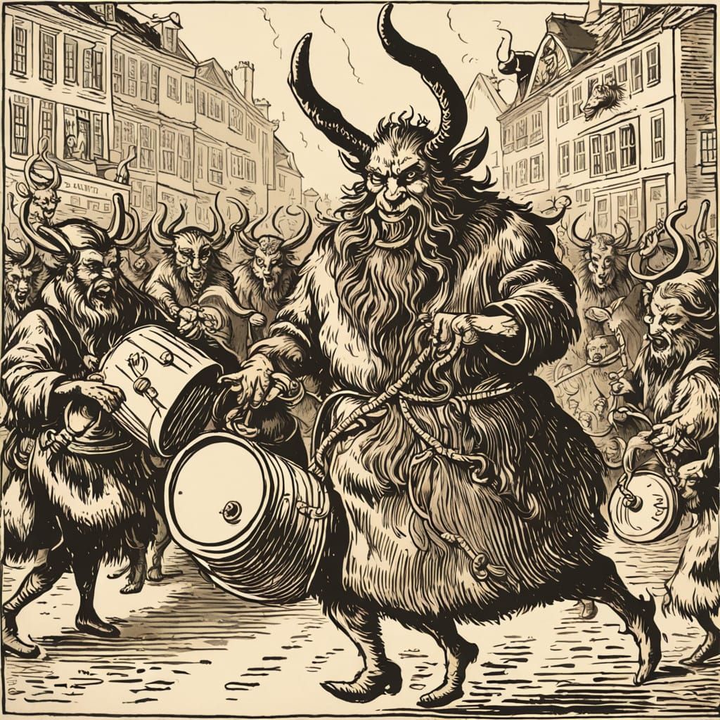 Festive Woodcut Krampus Parade with Horned Regalia - AI Art
