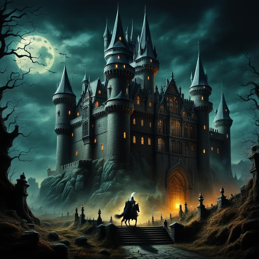 haunted castle with a knight in front of it, 1970s dark fantasy book ...