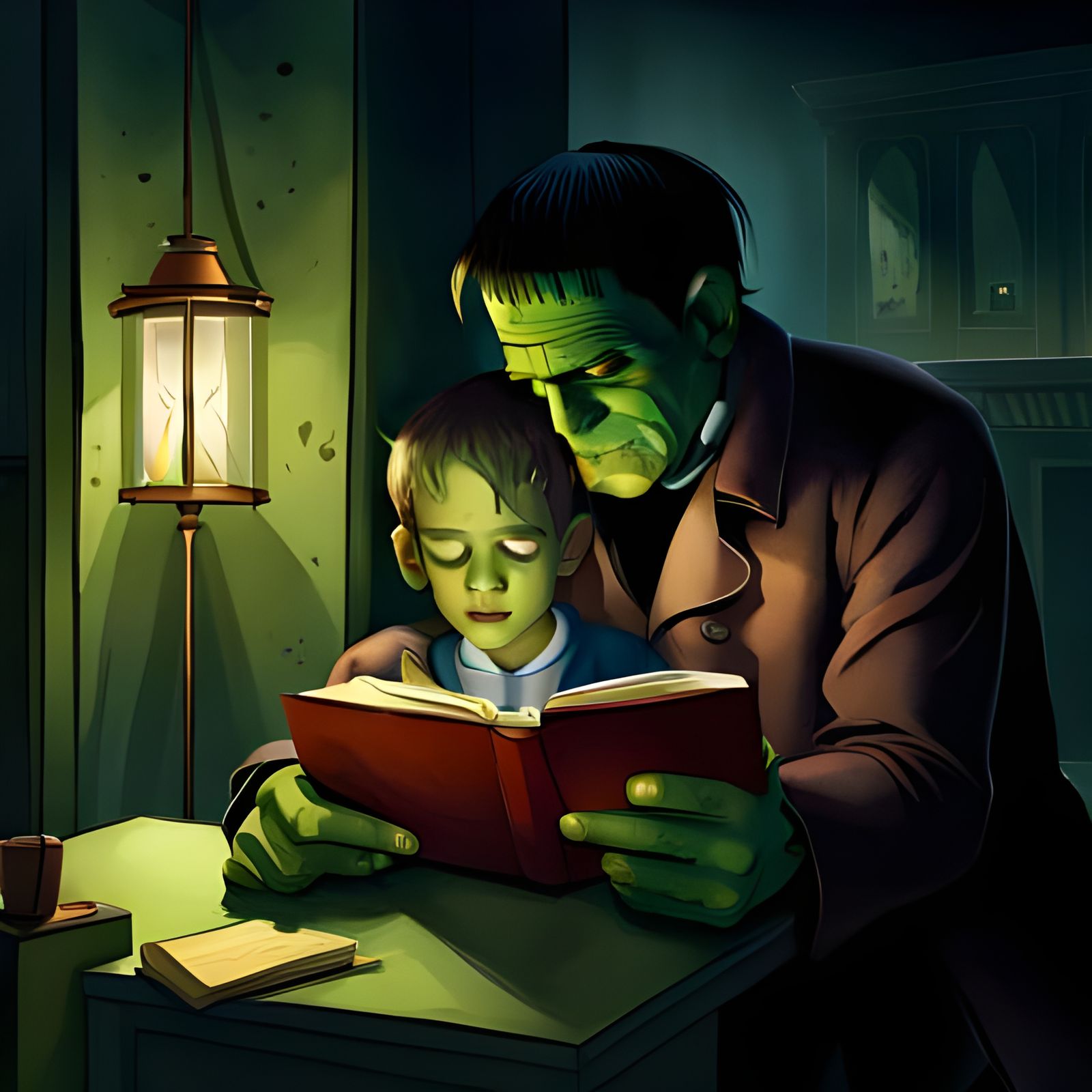 Frankenstein Reading to His Son - AI Generated Artwork - NightCafe Creator