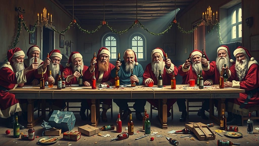 Disheveled Santas Toast in a Grimy, Festive Atmosp... - AI Art