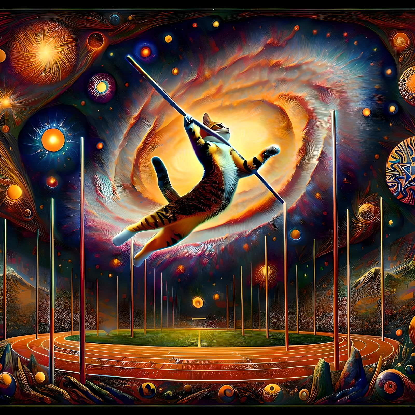 Cat jumping pole vaulter - AI Generated Artwork - NightCafe Creator