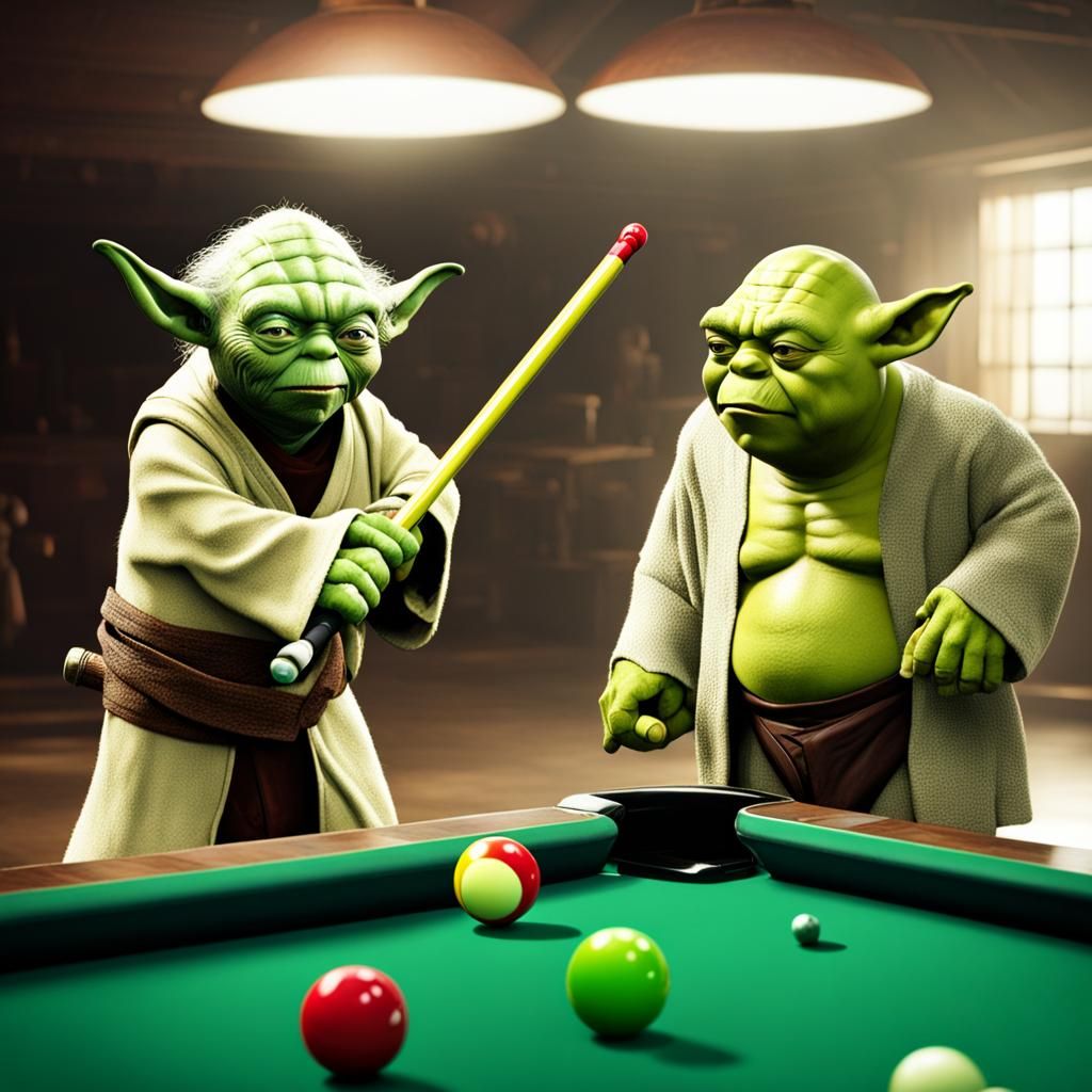 Yoda and Shrek fighting with pool cues - AI Generated Artwork ...